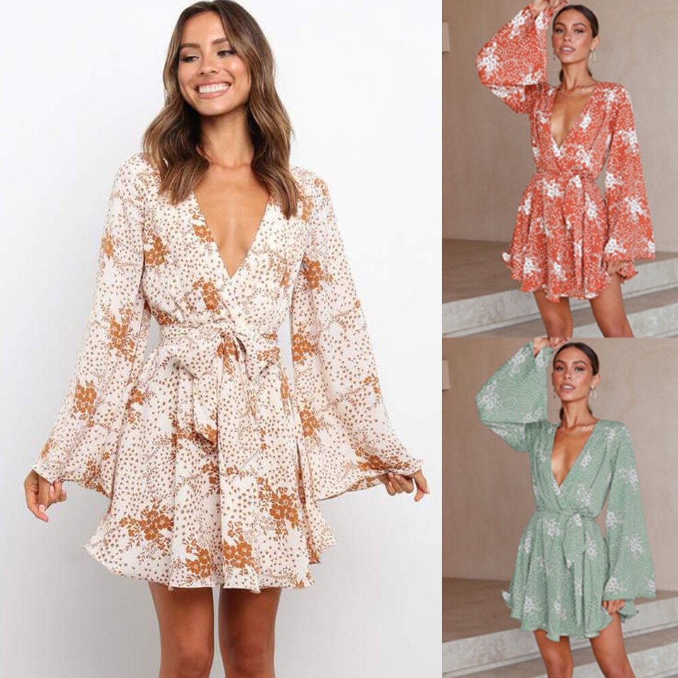 Sexy Women Boho Floral V Neck Wrap Mini Dress Holiday Beach Long Sleeve ...