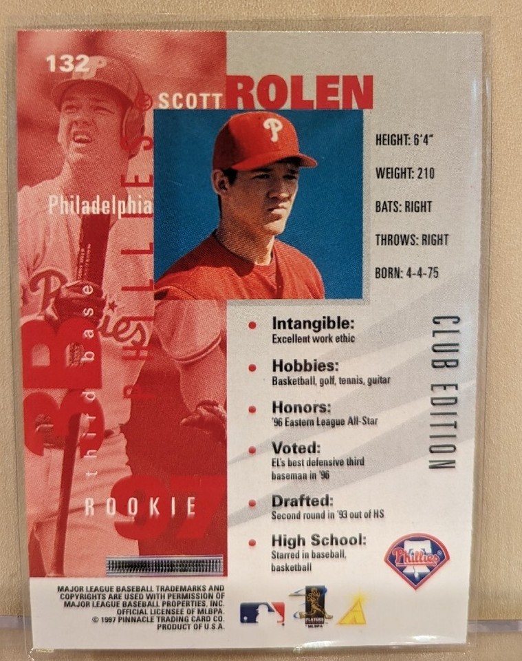 1997 Pinnacle Inside FOIL CLUB EDITION #132 Scott Rolen ROOKIE RC RARE ...