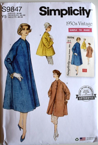 SIMPLICITY PATTERN 9847 COATS RETRO 50S MISSES SIZES 18 20 22 24 26 NEW ...