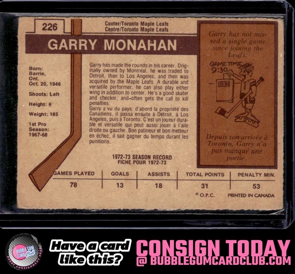 1973-74 O-Pee-Chee Garry Monahan Light Backs Toronto Maple Leafs | eBay