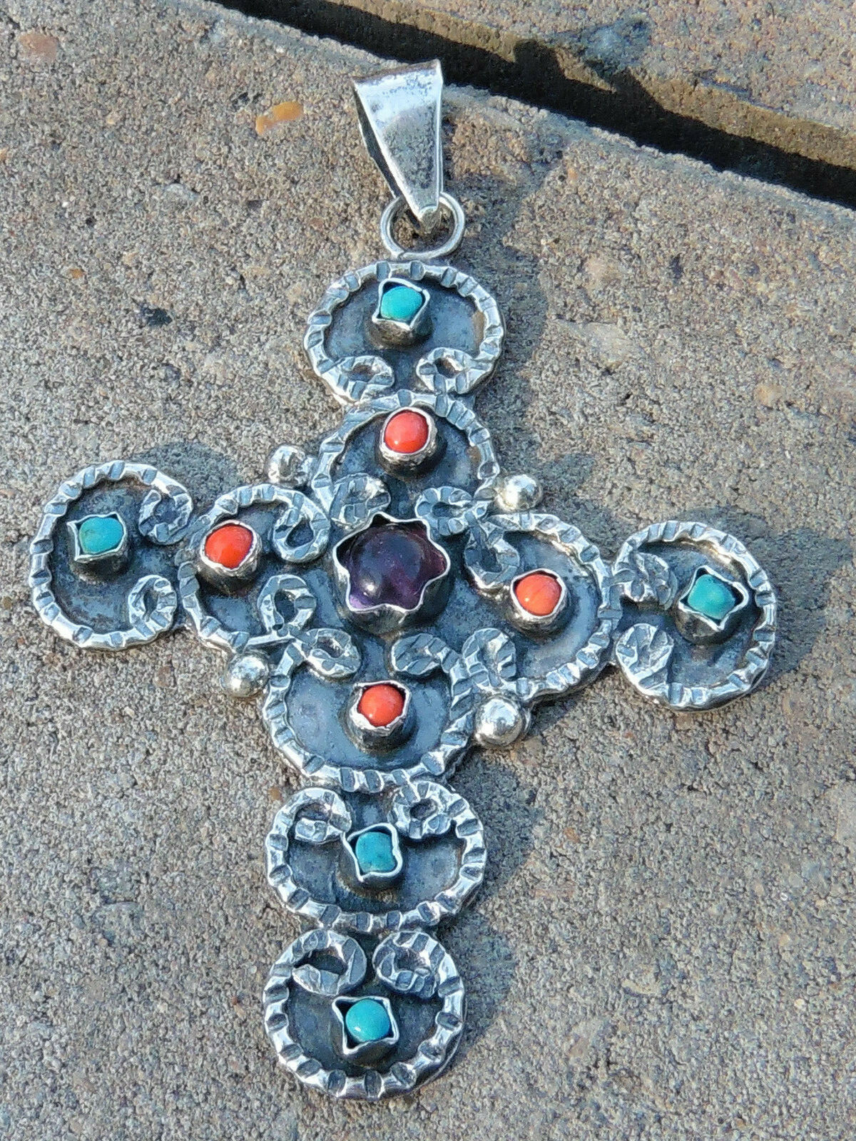 Vintage Taxco Multi Gemstone Cross Pendant - Gem