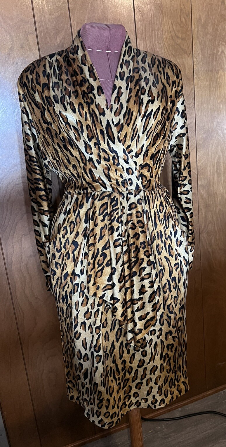 Vintage 80s leopard Long sleeve dress wiggle rockabi… - Gem