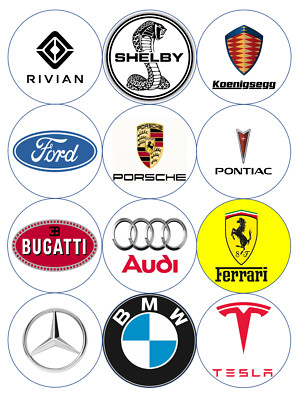 12 car logos, Luxury, Foreign cars edible paper, cupcake cookie toppers ...