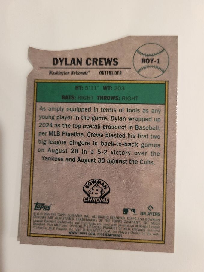 2025 Bowman Chrome #ROY-1 Dylan Crews Rookie Of The Year Favorites ...