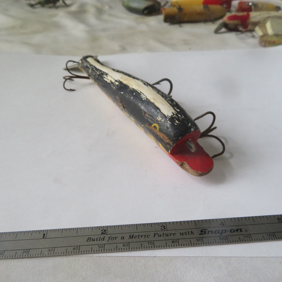 FISHING LURE BOBBIE BAIT 6½" VINTAGE WOOD MUSKIE BAIT BLACK & WHITE | eBay