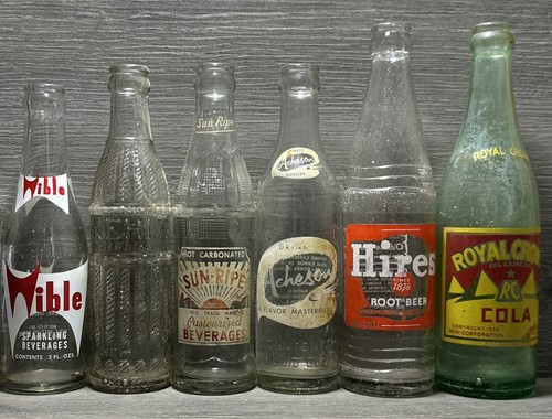 VTG Soda Pop Bottle Lot X6 Wible, Nehi, Sun-Ripe, Acheson, Hires, Royal ...