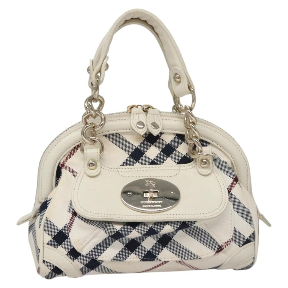 BURBERRY Nova Check Blue Label Hand Bag Canvas Leather Gold White Auth ...