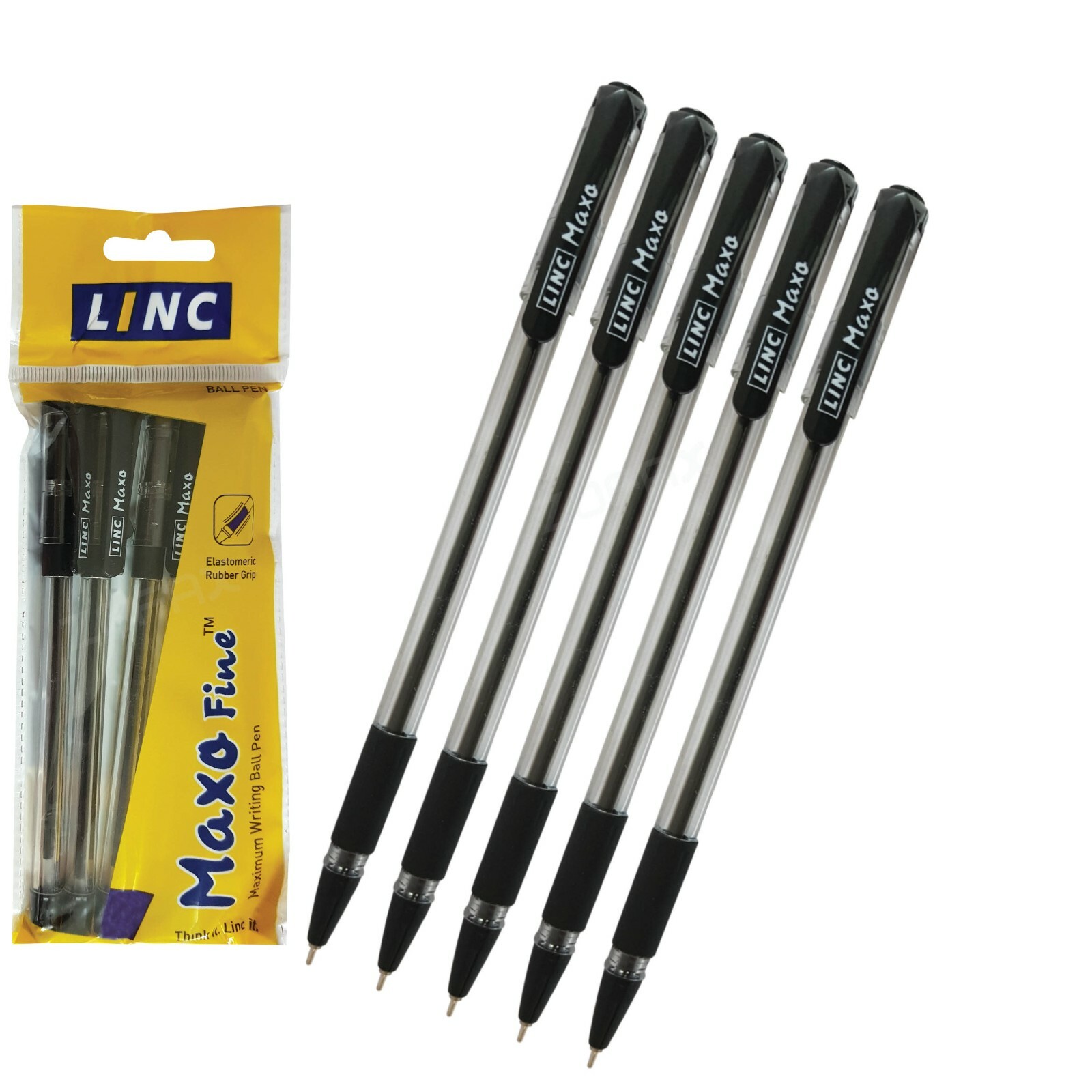 5 x 0.7mm LINC Maxo Fine BLACK Ballpoint Pens Fine Tip Soft Grip Smooth ...