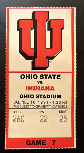 Ohio State vs Indiana Football Game Day Ticket Stub 11/16/1991 Game 7 ...