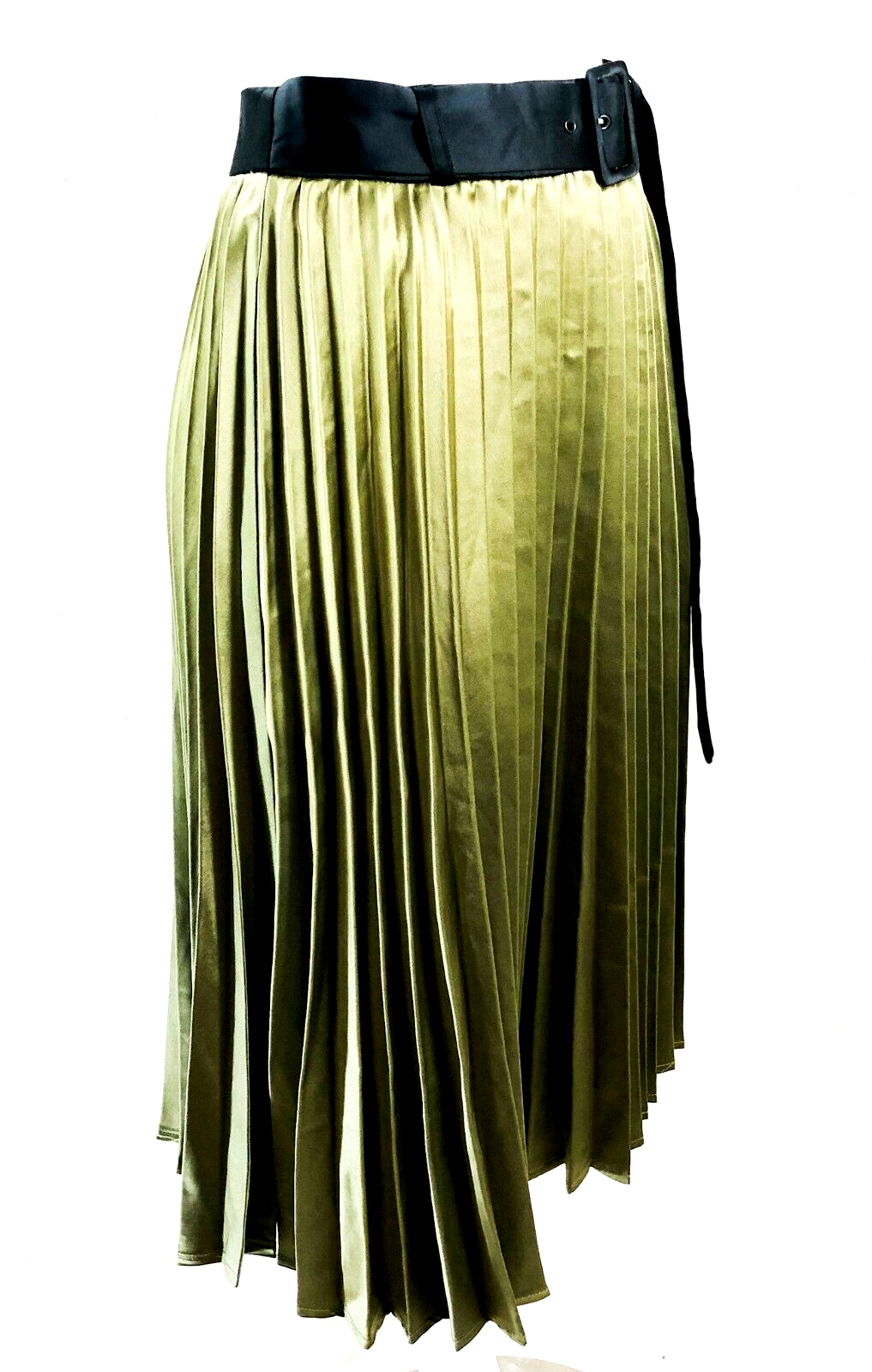 Vintage 1990s Skirt Olive Green Satin Knife Pleats Black Belt Midi Size ...