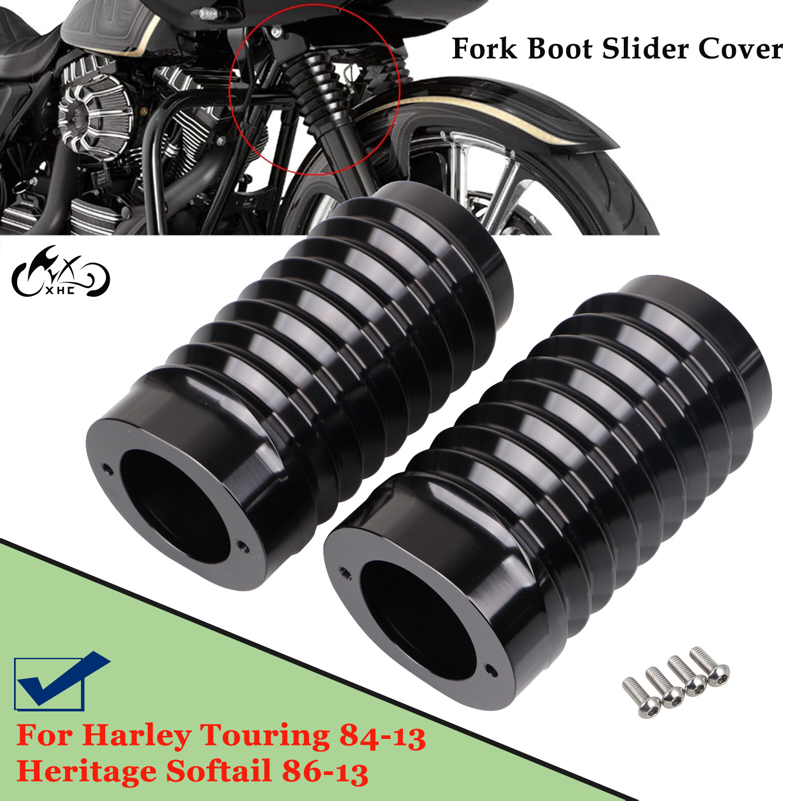 Black Retro Upper Fork Boot Slider Cover For Harley Touring Heritage ...
