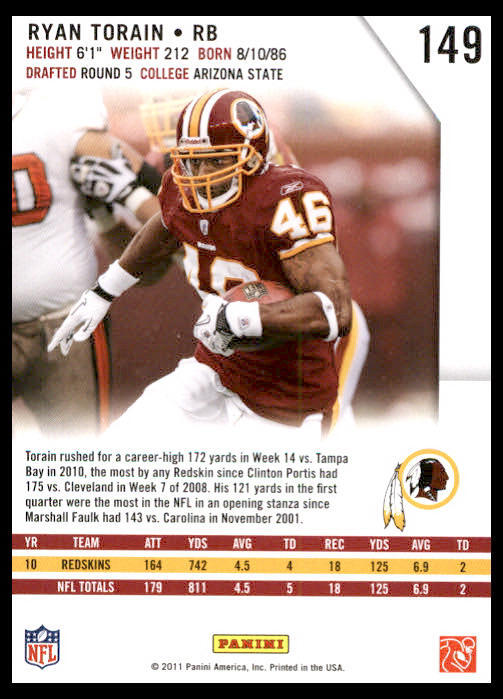 2011 Panini Rookies & Stars #149 Ryan Torain Washington Redskins | eBay