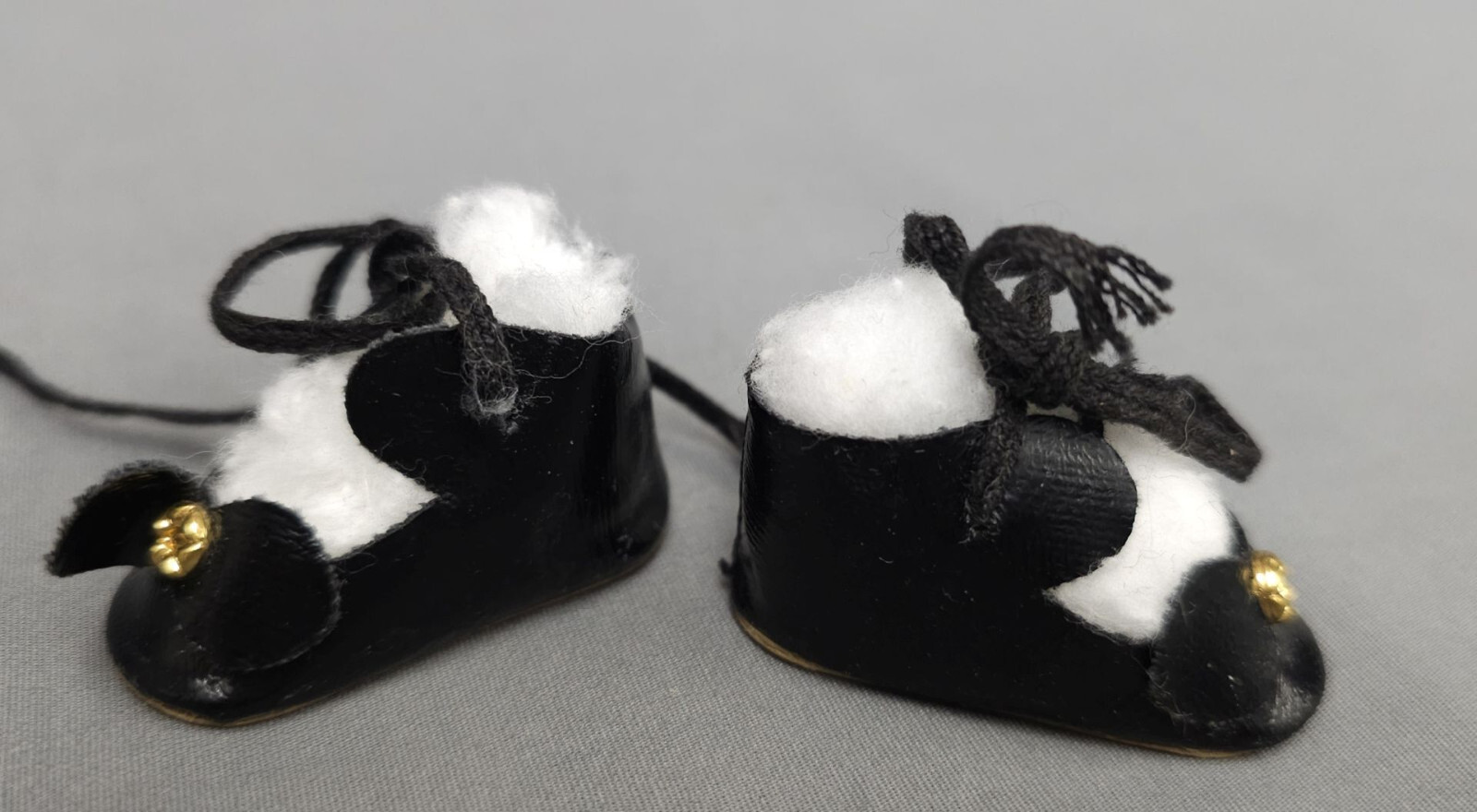Vtg Center Tie Doll Shoes BLACK Leatherette Fuzzy Bottom 1.75" Long w ...