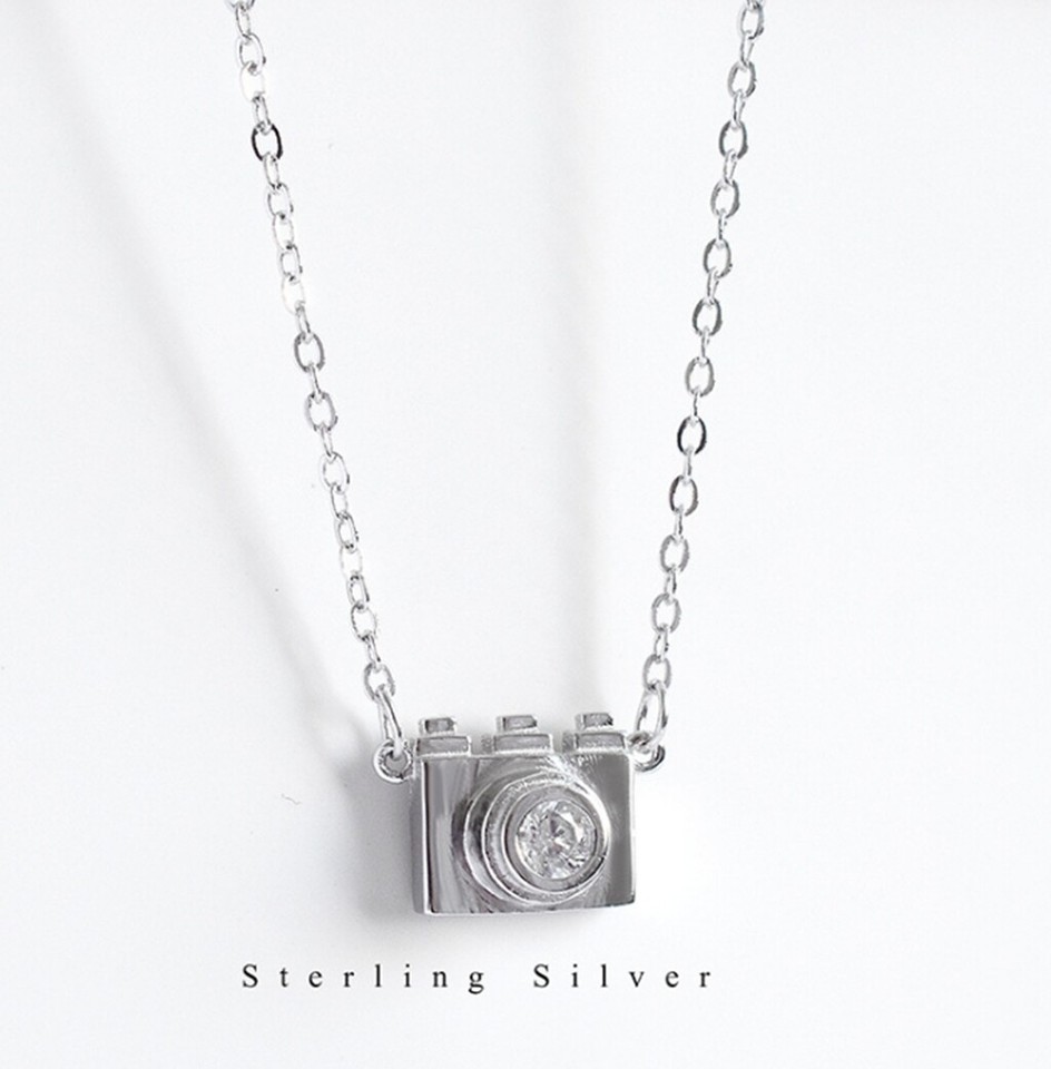 Women Silver Cubic Zircon Camera 925 Sterling Silver Chain Necklace 16 ...