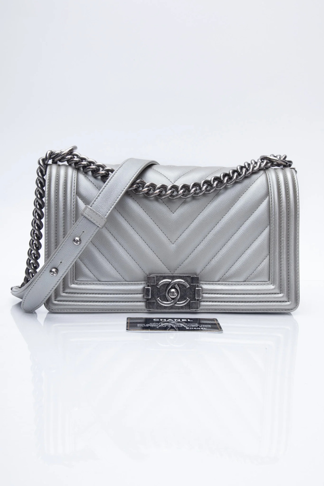 CHANEL Metallic Silver Caviar Chevron Medium Boy Flap - Gem