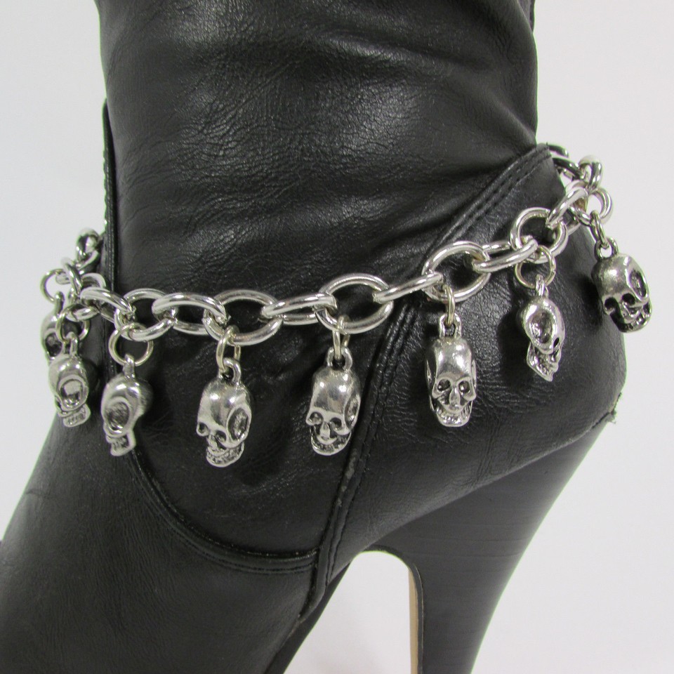 Women Fashion Boot Chain Bracelet Strap Silver Metal Shoe Skulls Charm ...