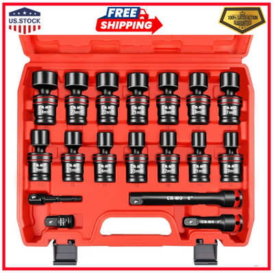 18PCS 1/2 Drive Impact Swivel Socket Set Metric 6 Point Wobble 10-24mm ...
