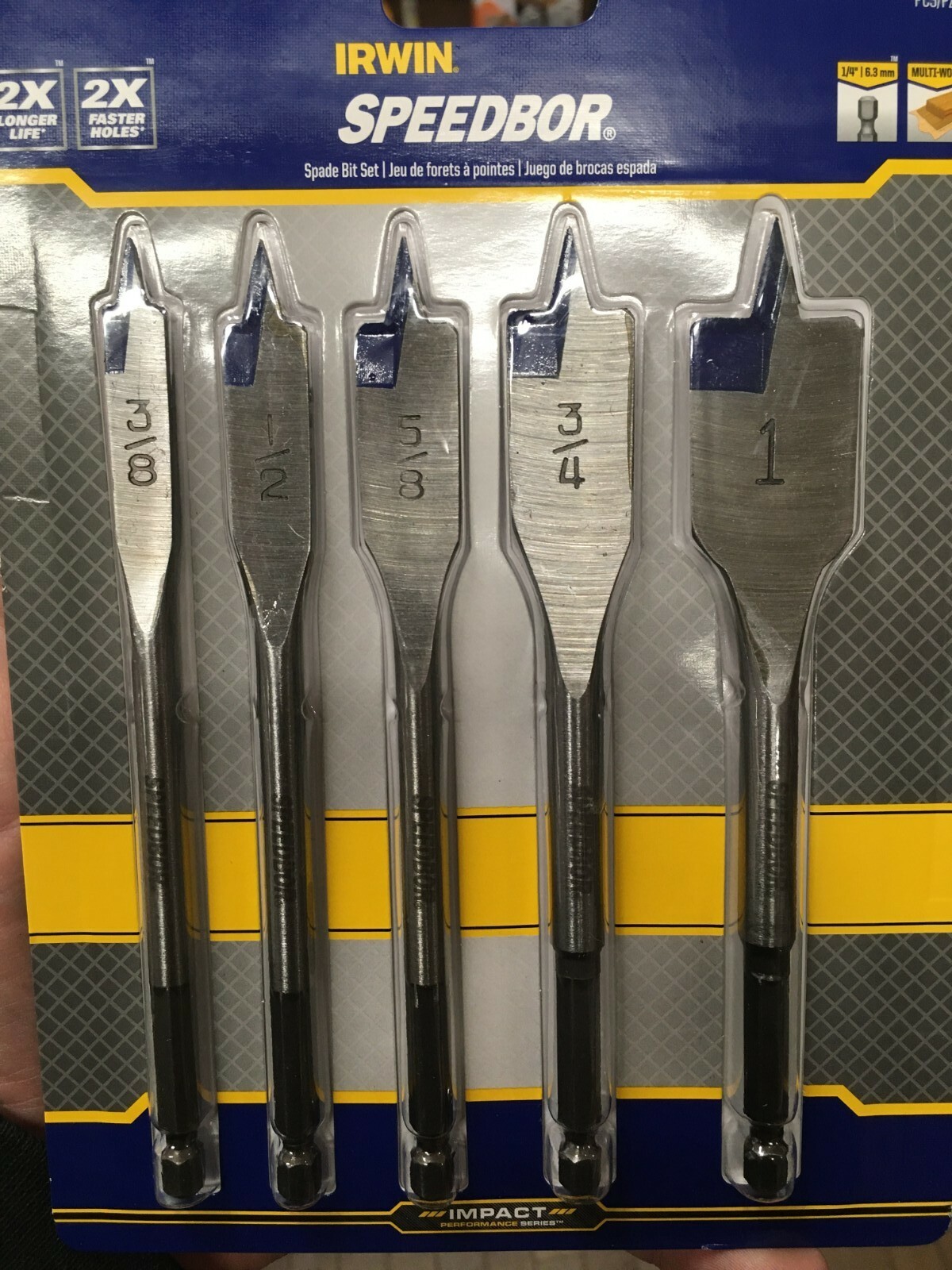 IRWIN SPEEDBOR Flat Drill Bit 5 pc Set Wood CHN 88885 3/8, 1/2, 5/8, 3/ ...