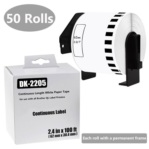 50Rolls 62mmx30.4m DK-2205 Continuous Tape for Brother QL Label Printer ...