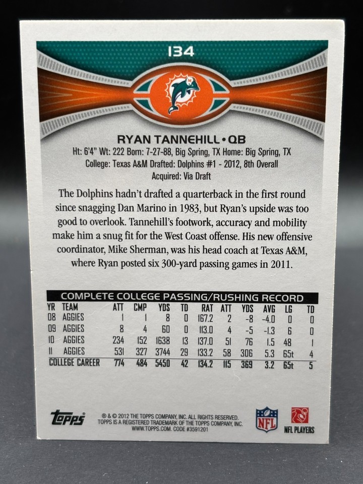2012 Topps - Ryan Tannehill #134 Ball in Right Hand (RC) | eBay