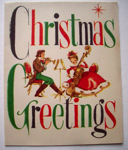 Couple plays cello trumpet vintage Christmas greeting card * W14A | eBay