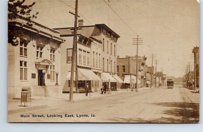 RPPC Real Photo Postcard Iowa Lyons Main Street looking East Street Car ...