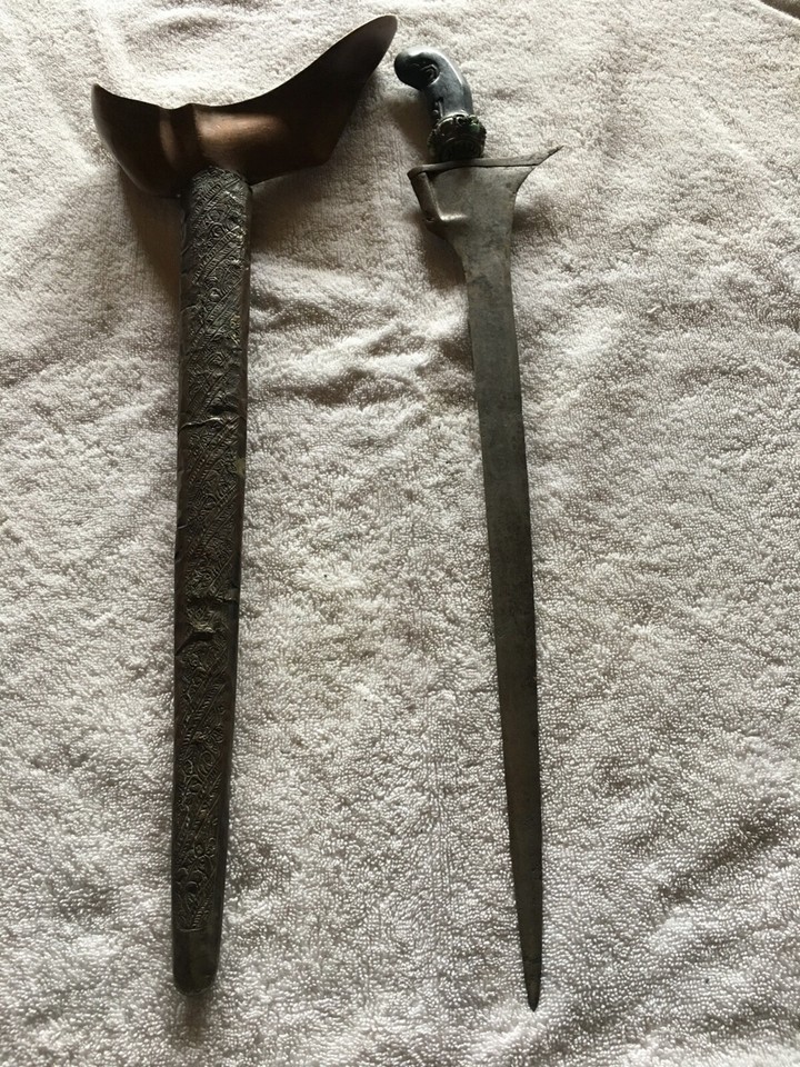 Antique Indonesian Kris, Long Straight Sword, Jeweled Hilt & Metal ...