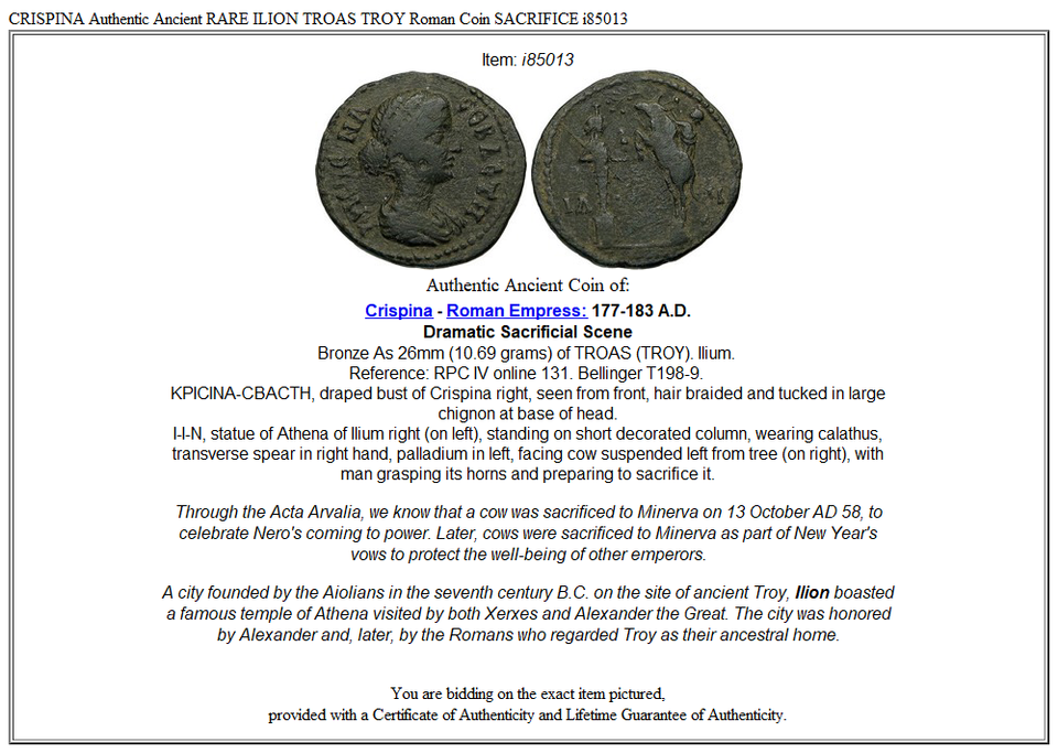 CRISPINA Authentic Ancient RARE ILION TROAS TROY Roman Coin SACRIFICE ...