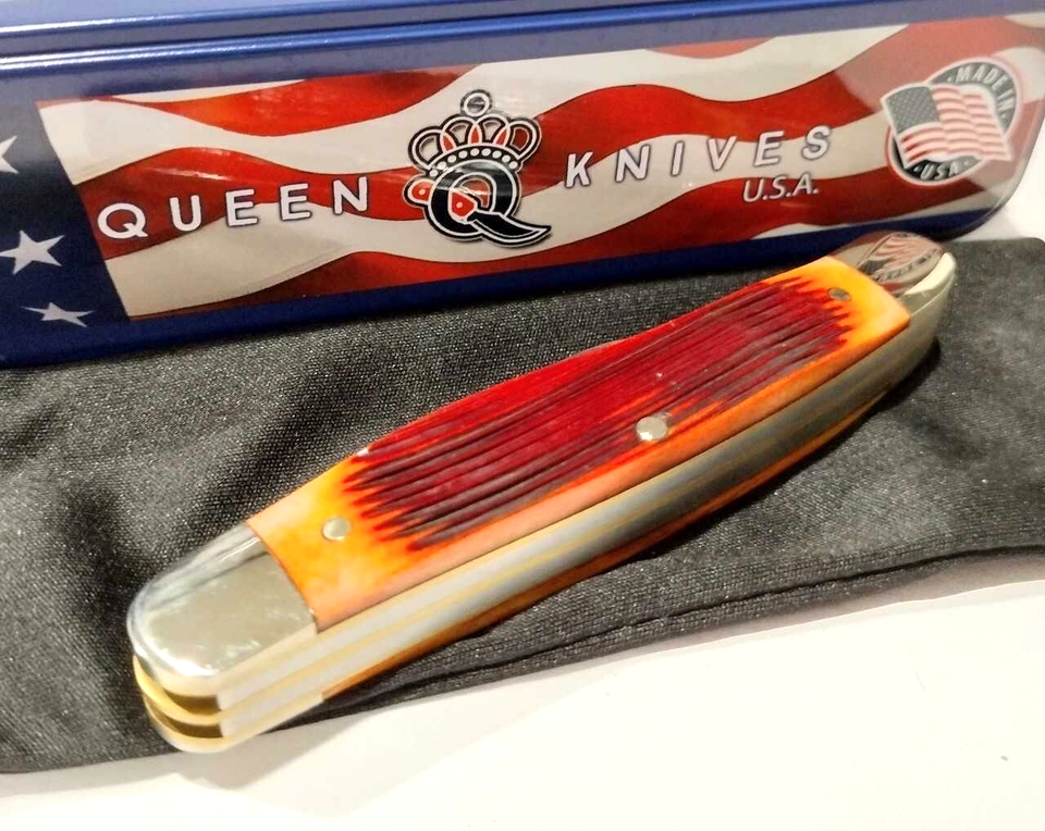 Queen USA Amber Winter Bottom Jigged Bone Stockman Folding Pocket Knife ...