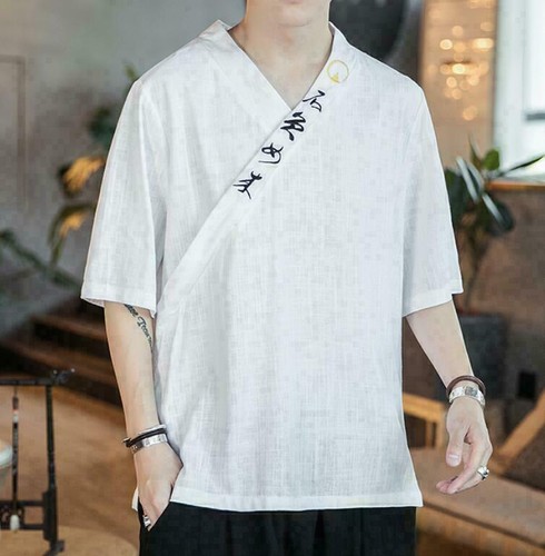 Mens Chinese V-Neck Casual Linen Cotton Short Sleeve Embroidery Shirt ...