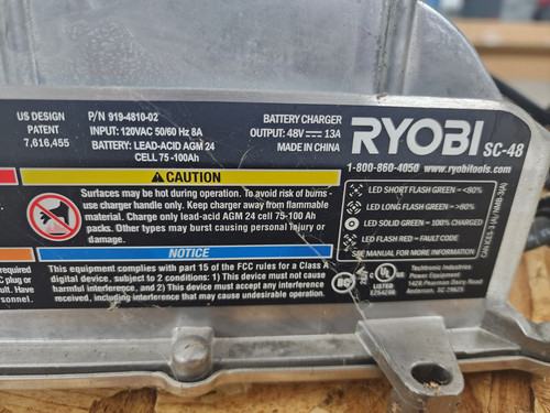 Ryobi SC-48 48V Charger, P/N 919-4810-02 RM480E Riding Mower or Golf ...