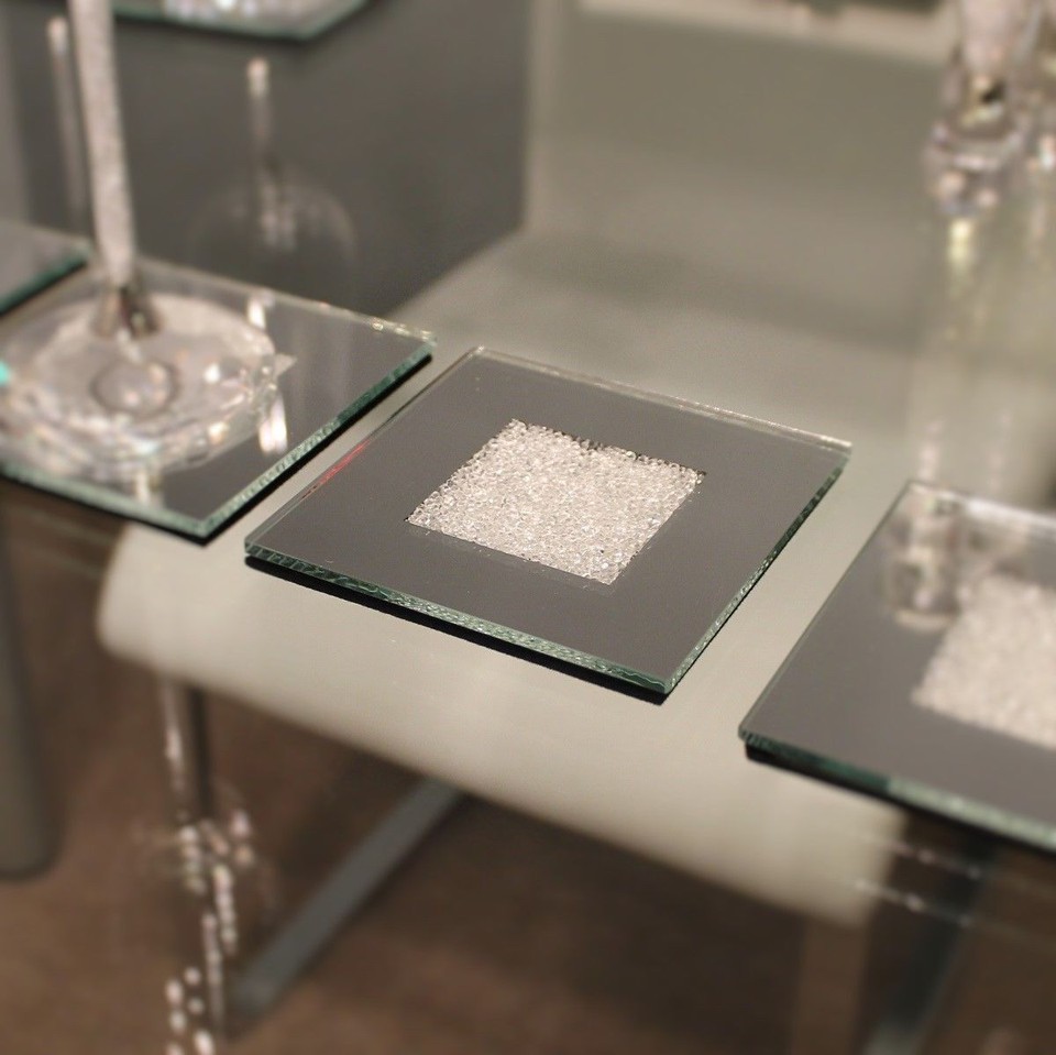 4pc Mirrored Square Coasters Crushed Diamond Centre Luxury Sparkle ...