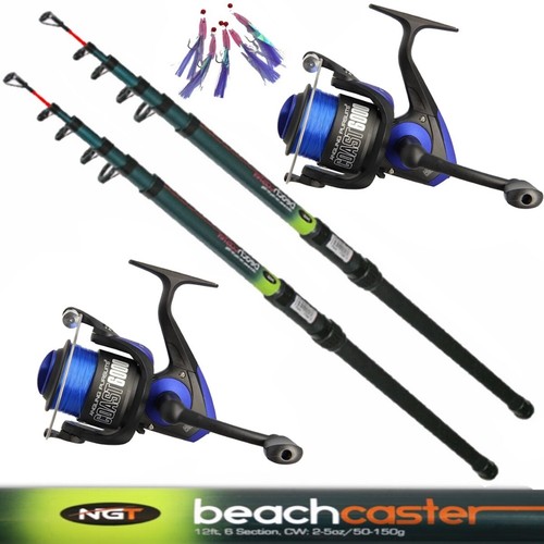 Telescopic Beachcaster Fishing Rod x2 NGT 12ft Reel Sea Beach Mackerel ...