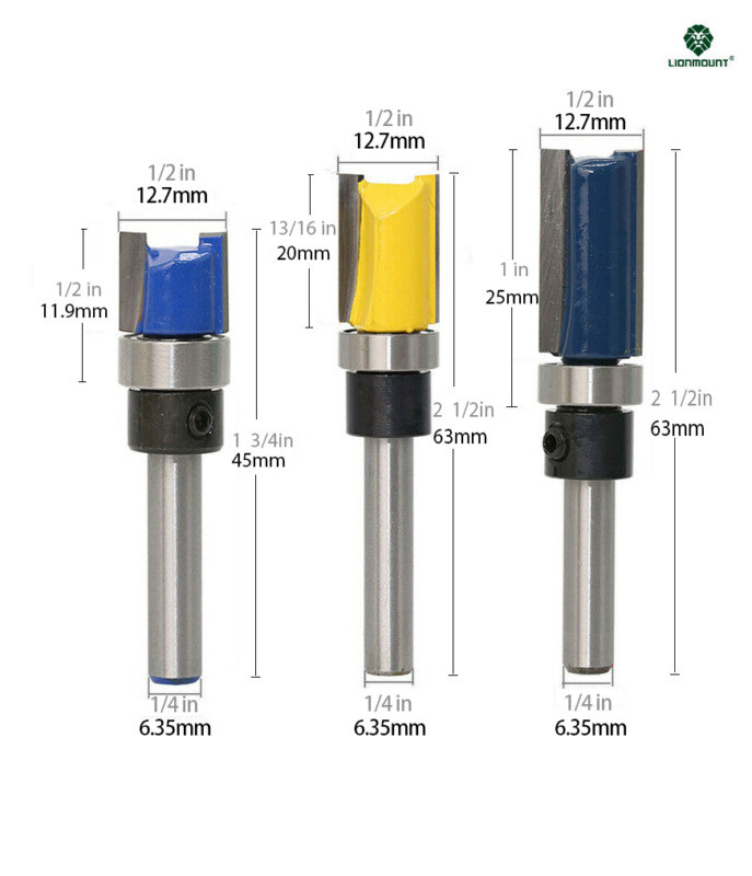 Trim Router Bit Set 3PCS 1/4" Shank Straight Flush Woodwork Wood ...