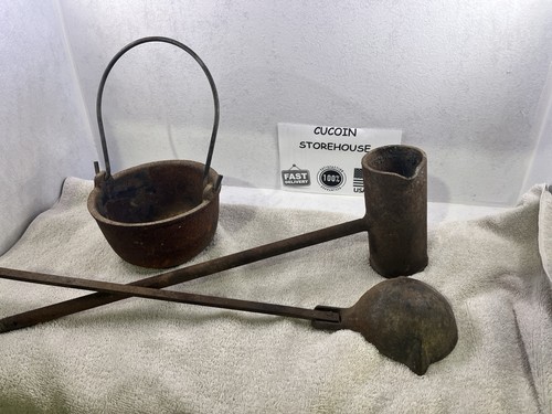 ANTIQUE Cast Iron Smelting Pot Lead Melting Pots & Ladle ☆USA | eBay