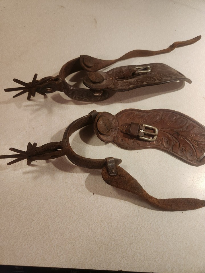 Antique 19th century hand forged engraved iron and leather boot spurs ...