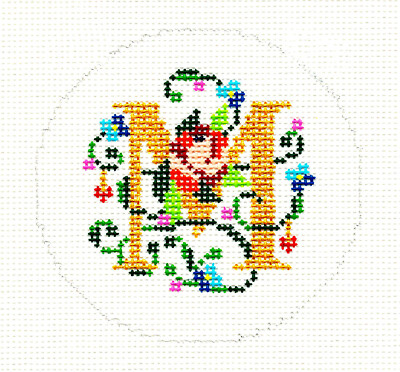 Alphabet Letter "M" Floral Design handpainted Needlepoint Canvas 3" Rd ...