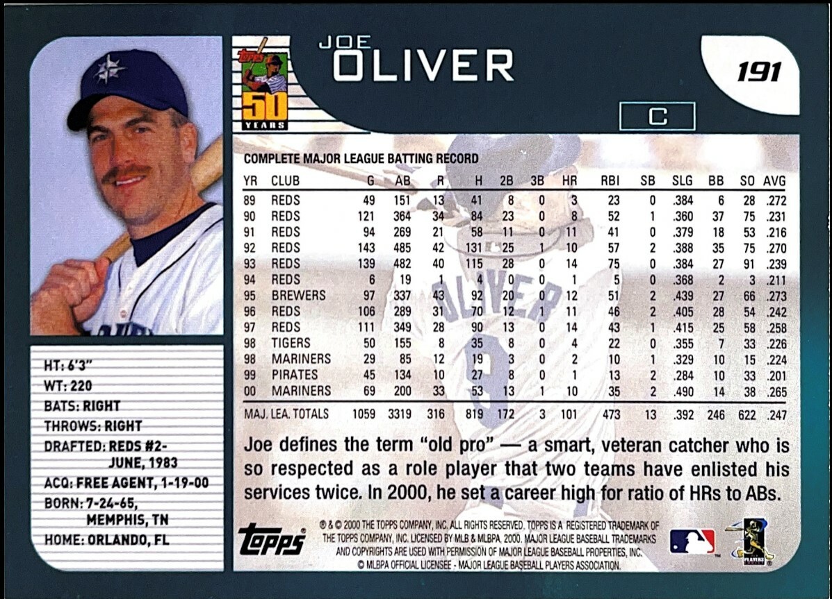 2001 Topps 50 Years #191 Joe Oliver - Seattle Mariners - Baseball Card ...