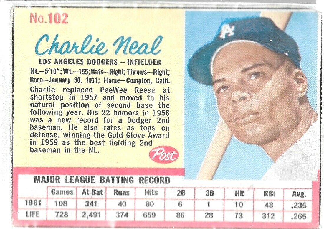 1962 Post Charlie Neal Los Angeles Dodgers 102 Baseball | eBay