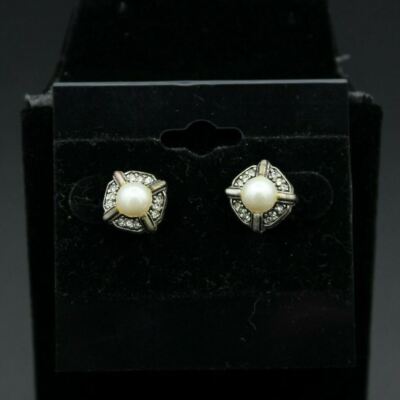 FM PEARL CRYSTAL VINTAGE ENCRUSTED STUD 925 STERLING SILVER WOMEN'S ...