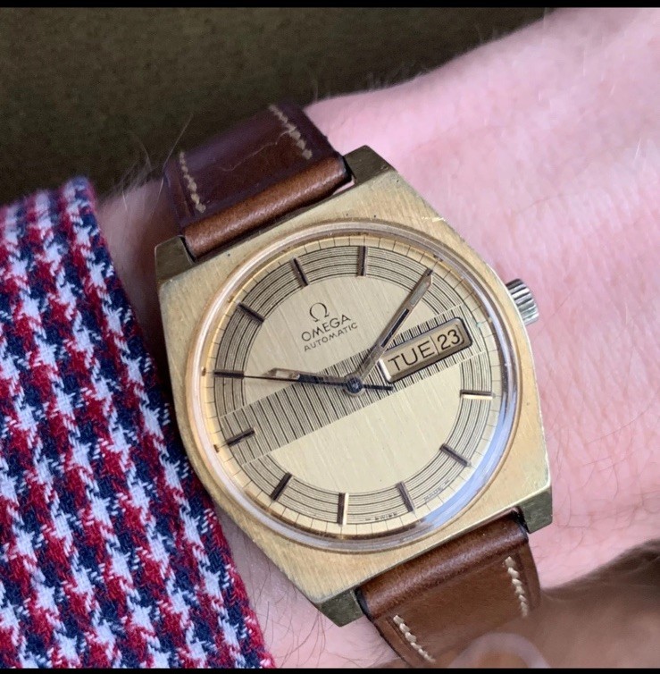 OMEGA Automatic Gold Barcode Square Day/Date Wristwatch Brown Leather ...