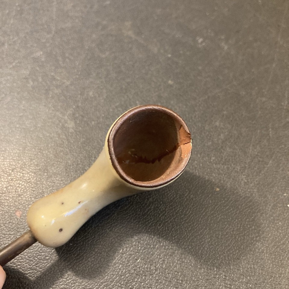 White Coated Metal (?) Bowl Estate Tobacco Pipe Long Stem Unusual Looks ...