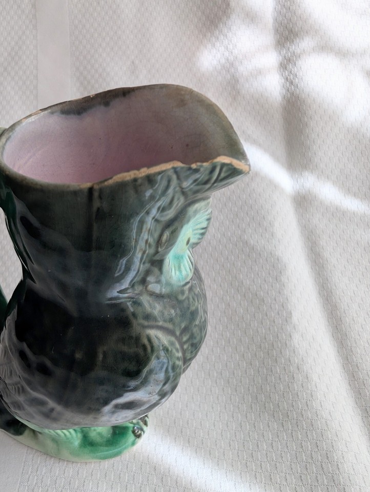VINTAGE Owl Pitcher Majolica Style Figural Pitcher Green Blue Glaze ...