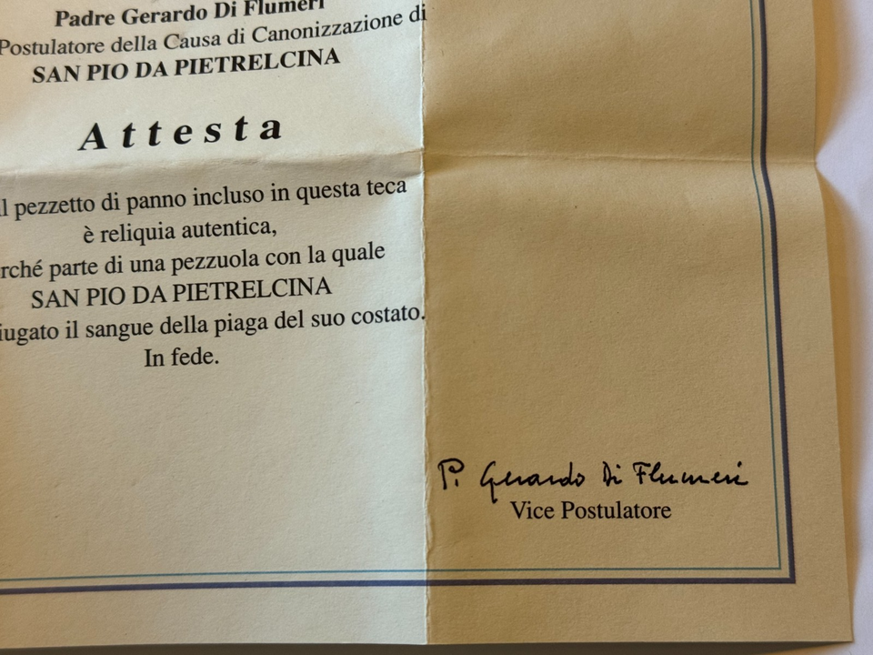 EXTREMELY RARE 2nd CLASS ST. PADRE PIO STIGMATA WOUND RELIC RELIQUARY W ...