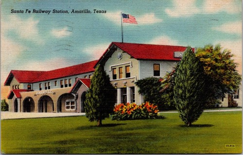 Amarillo Texas TX Santa Fe Railway Train Station Flag c1940s Postcard ...