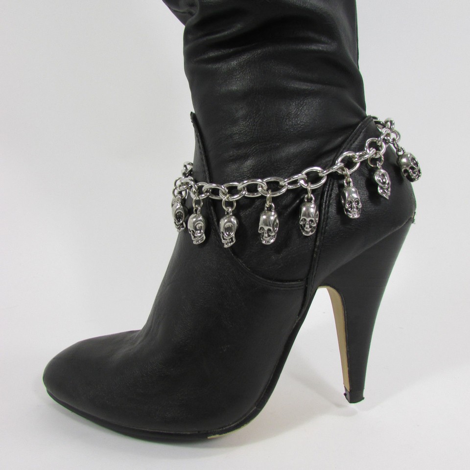 Women Fashion Boot Chain Bracelet Strap Silver Metal Shoe Skulls Charm ...