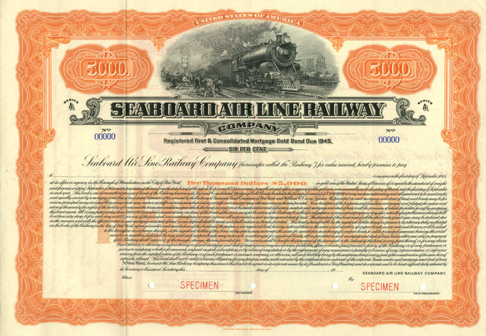 Seaboard Air Line Railway - Specimen Railroad Bond - Specimen Stocks ...