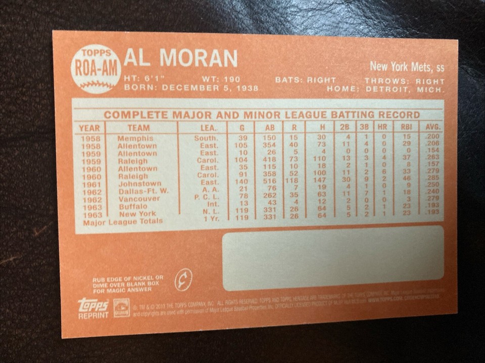 AL MORAN 2013 TOPPS HERITAGE REAL ONE AUTOGRAPH AUTO- NY METS SS!! | eBay