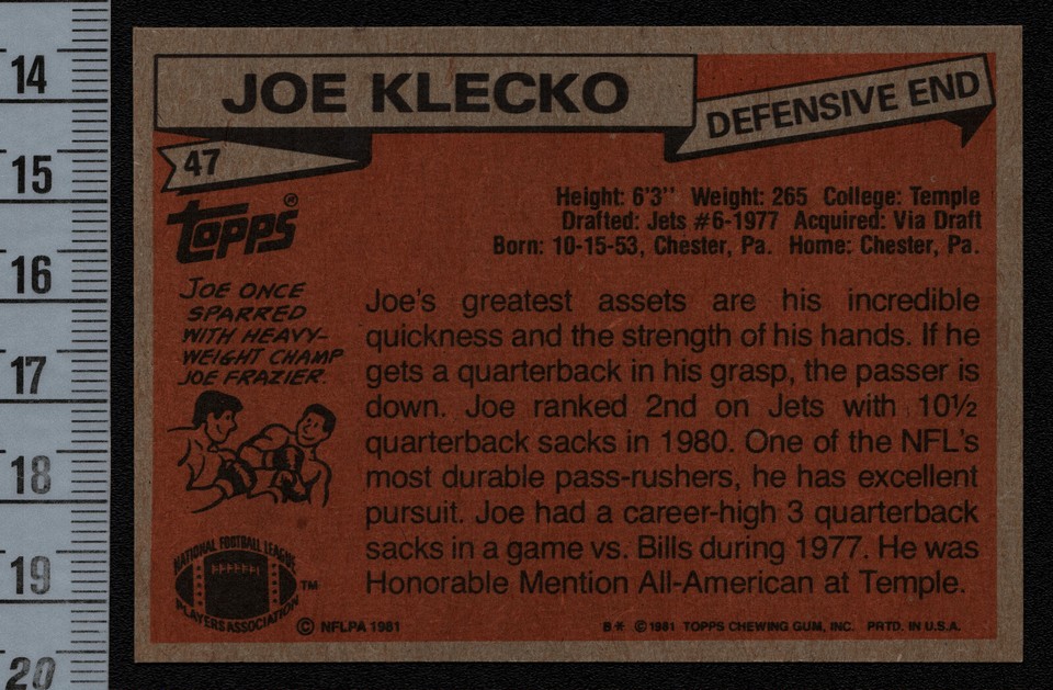 Joe Klecko 1981 Topps NFL Base Card #47 B* Jets Colts All-Pro Defensive ...