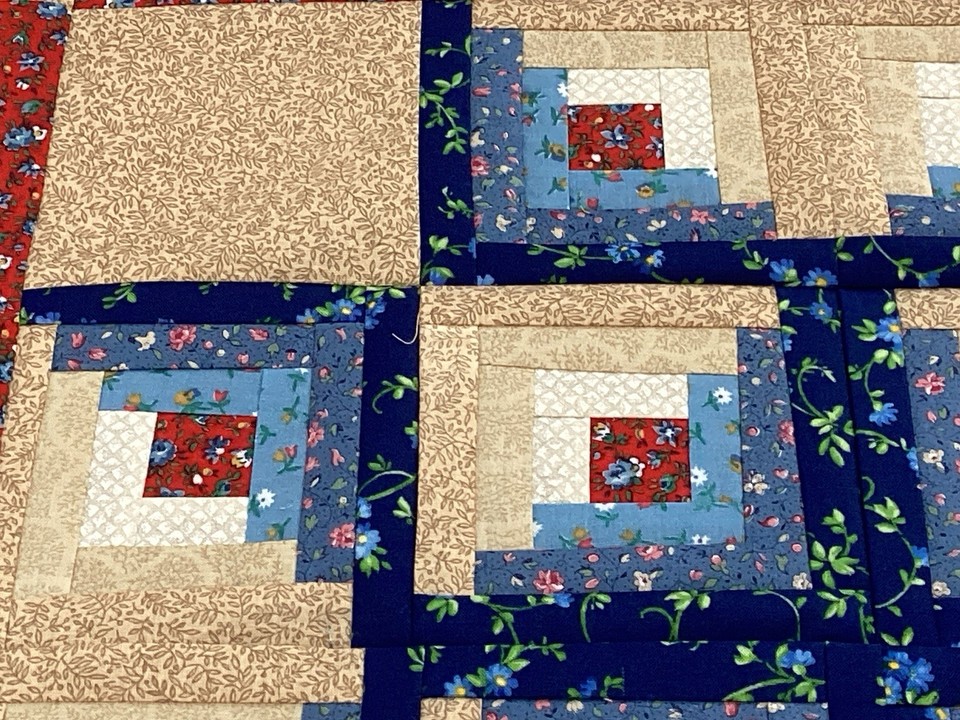 Log Cabin Blocks Made Into Ohio Star Quilt Top Red, Blue & Beige Colors ...